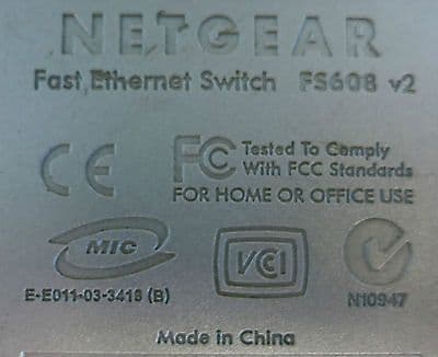 NetGear FS608 v2 10/100 Fast Ethernet 8 Port Desktop Network Switch