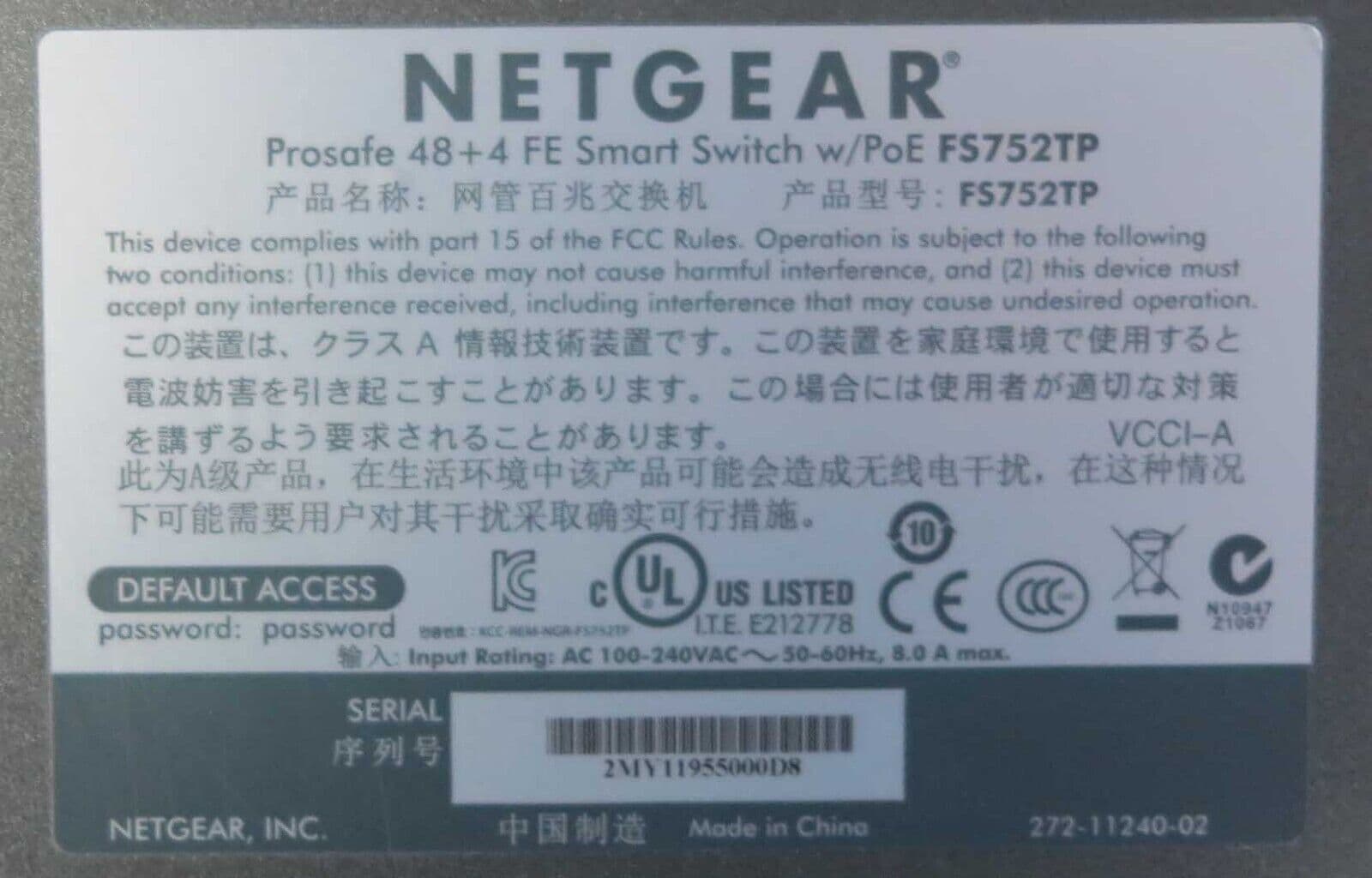 Netgear ProSAFE FS752TP 48-Port 10/100 PoE L2 4x GbE Uplink Switch 1u ...