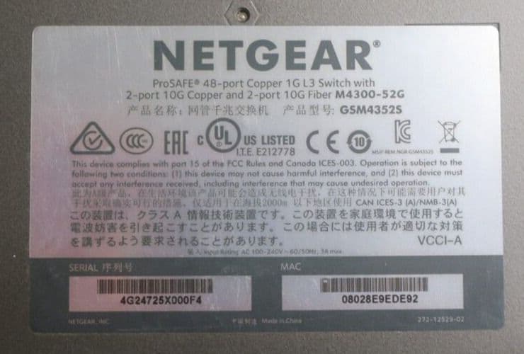 Netgear ProSafe M4300-52G 48x 1G 2x 10G RJ45 2x 10G SFP L3 Managed Switch