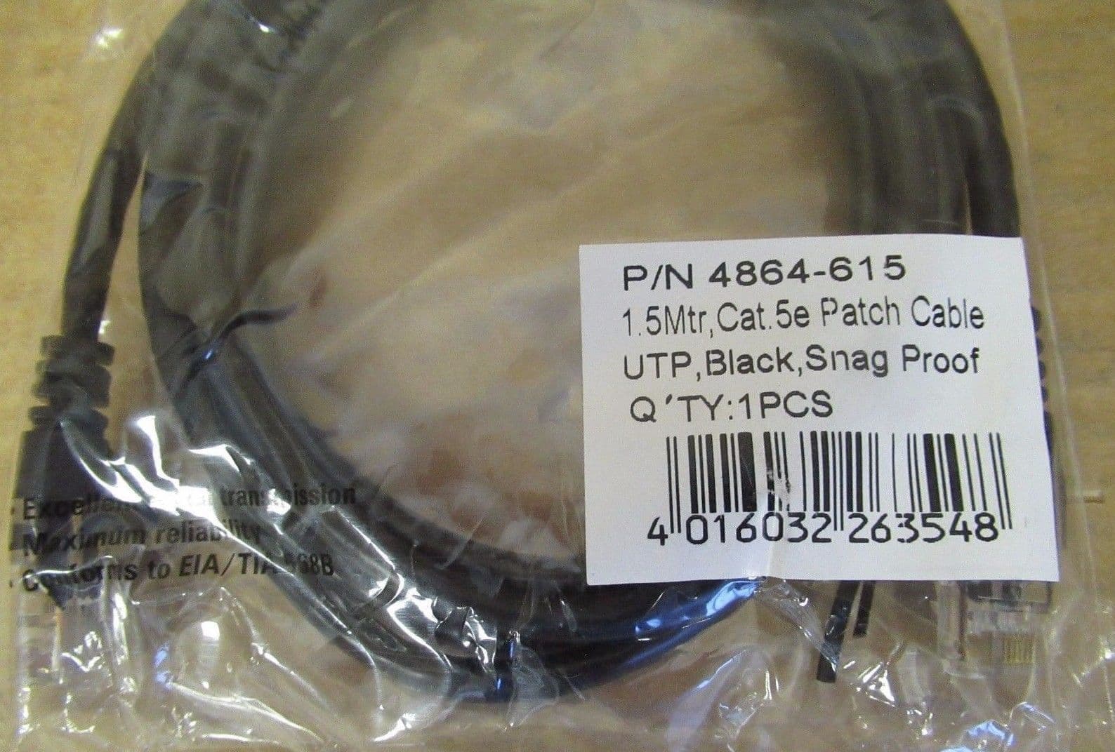Network CAT5e Snag Proof Patch Cable 4864-615 1 5 Metre Black RJ45 ...