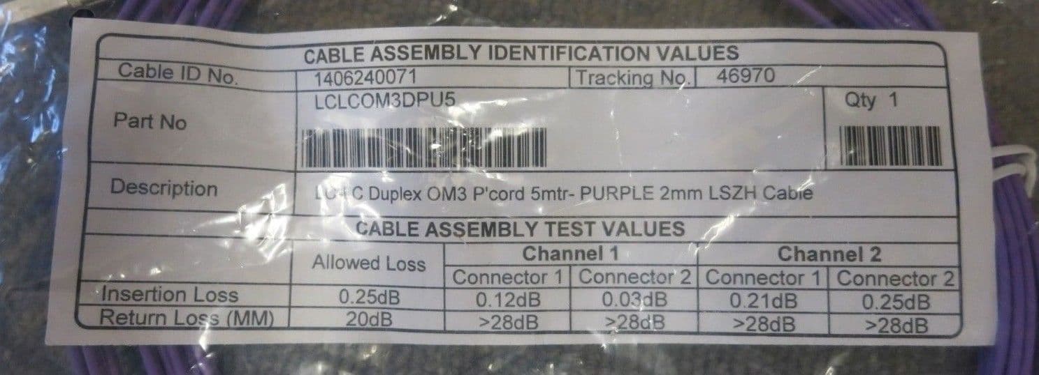 New 5m Fibre Optic Cable Assembly LC to LC Multi Mode OM3 Purple ...