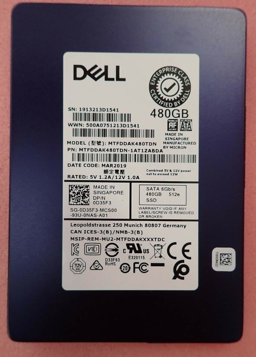New Dell 480GB SSD SATA 3 5" 6GB/s MLC Solid State Drive D35F3