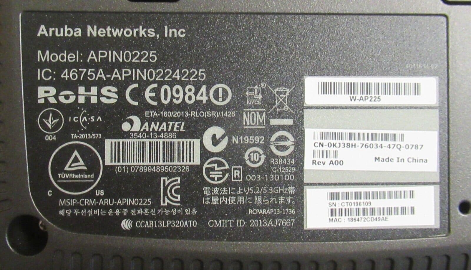 NEW Dell Aruba Networks W-AP225 Wireless Instant Access Point KJ38H ...
