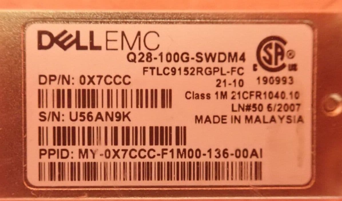 NEW Dell EMC Q28-100G-SWDM4 OM3/OM4 MMF 100GbE QSFP28 Transceiver ...