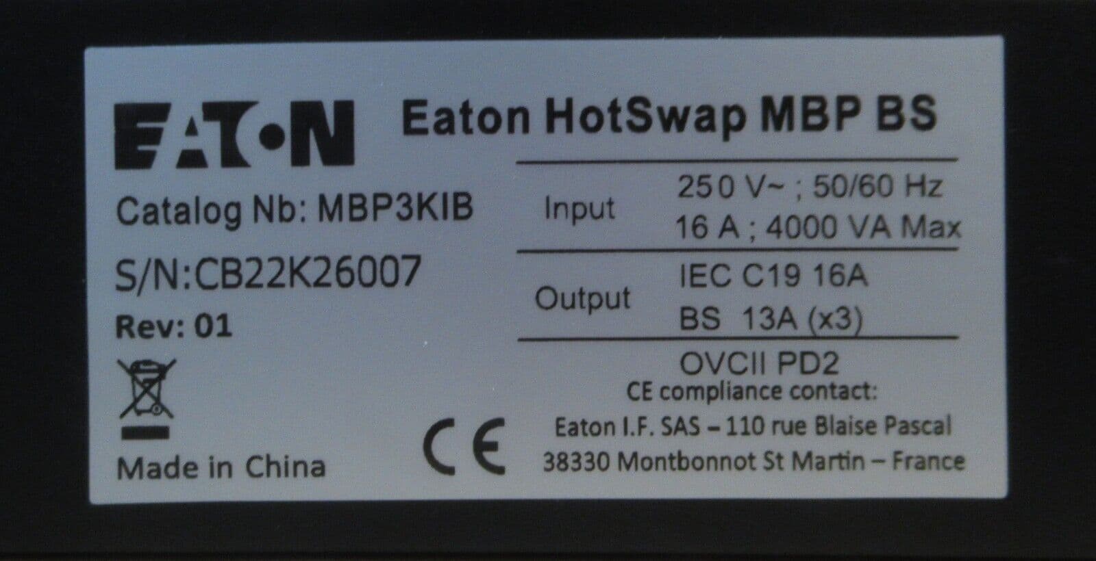 NEW Eaton Hotswap MBP BS MBP3KIB 3kVA 1U Rackmount Maintenance Bypass Panel