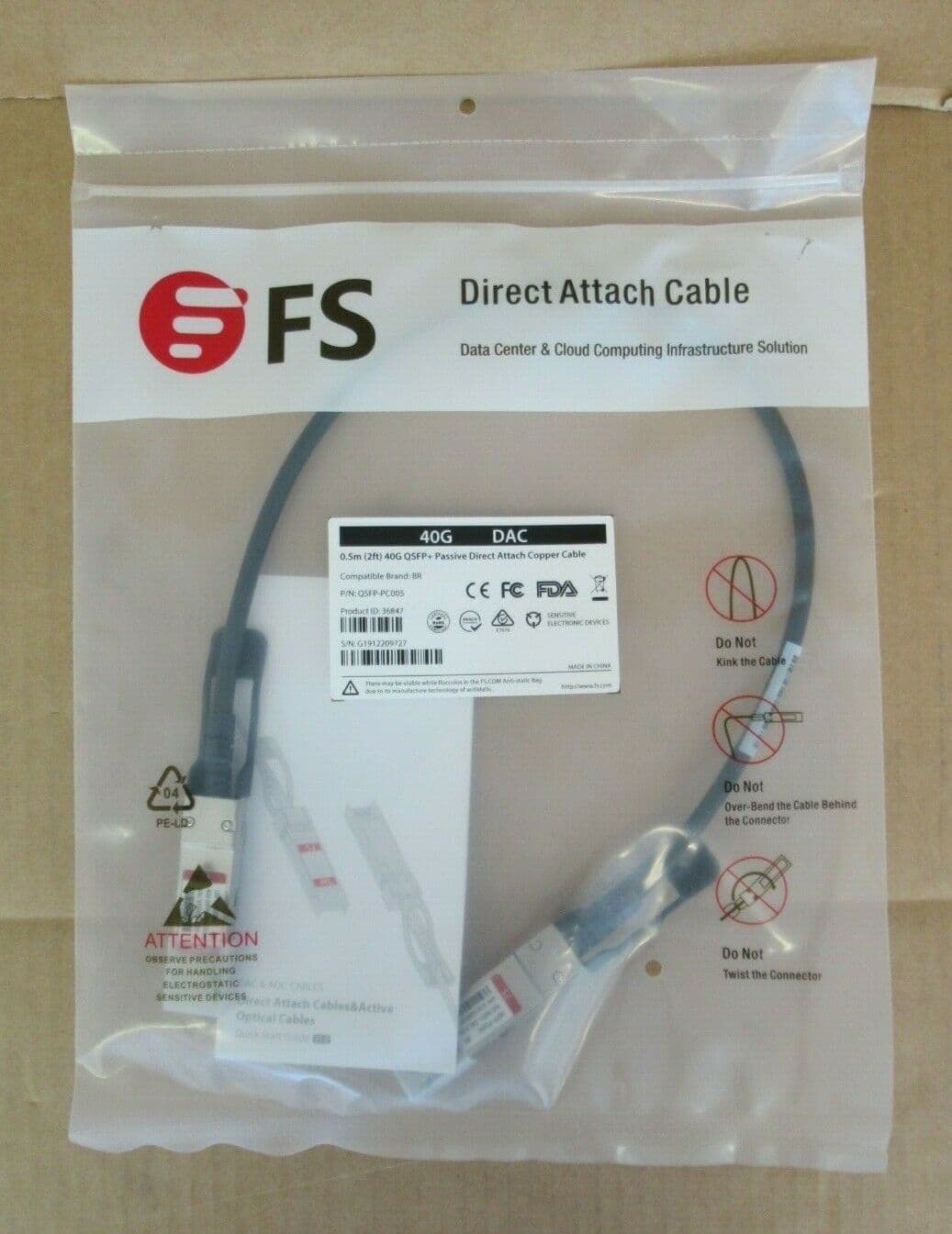 NEW FS 40GB QSFP 0 5m 2ft Passive Direct Attach Copper Cable QSFP-PC005