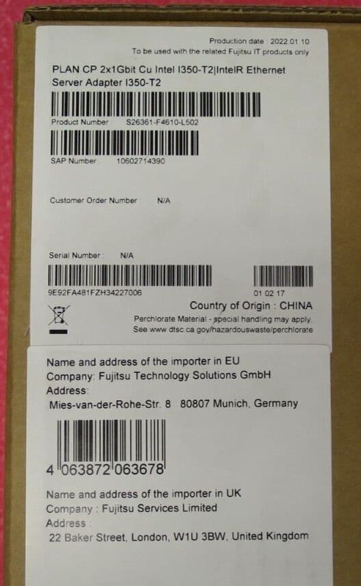 NEW Fujitsu Intel Dual Port I350-T2 Gigabit Adapter S26361-F4610-L502