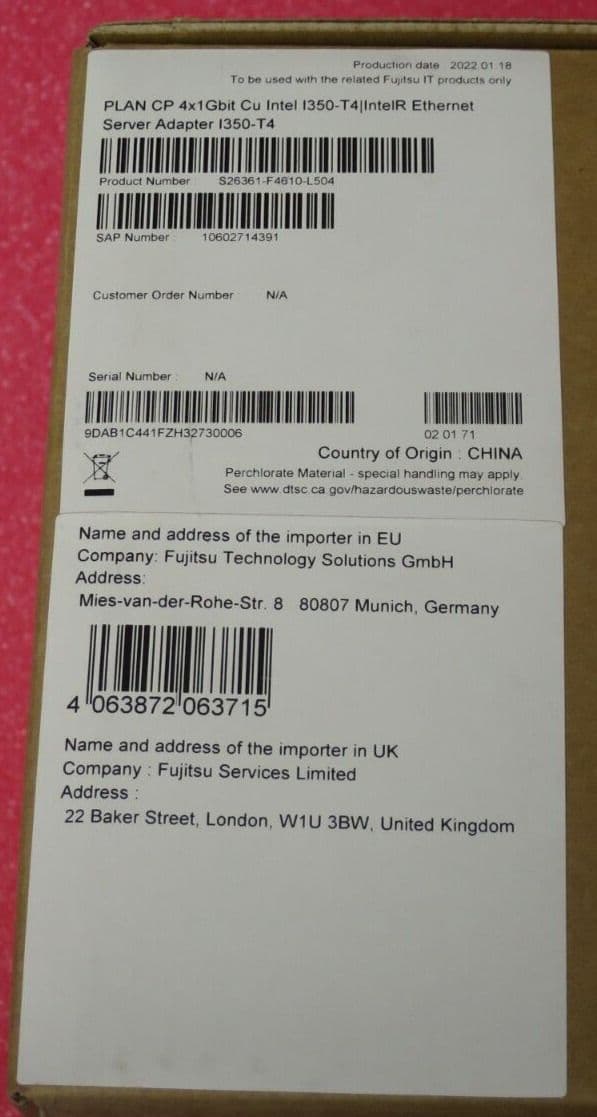 NEW Fujitsu Intel Quad Port I350-T4 Gigabit Adapter S26361-F4610-L504