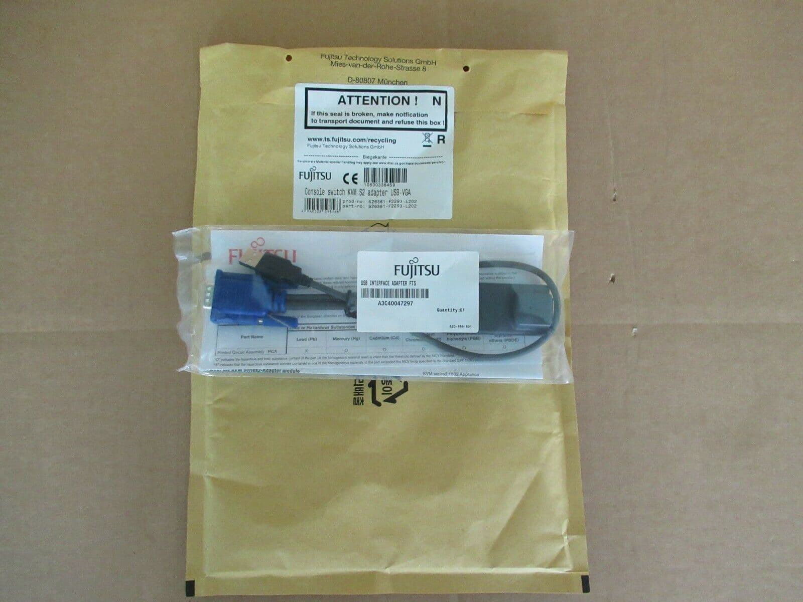 New Fujitsu KVM Console Switch Cable S2 Adapter USB 2 0 VGA A3C40047297