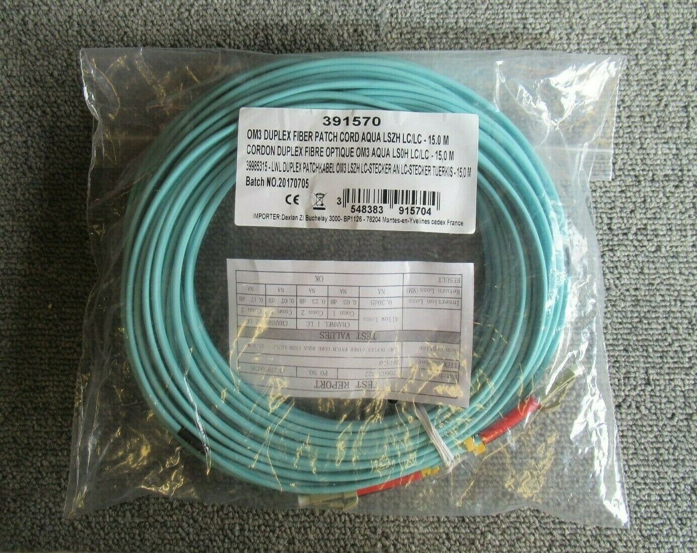 New Hypertec 391570 15M LC-LC 50/125 OM3 Duplex Fibre Optic Cable LSZH Aqua