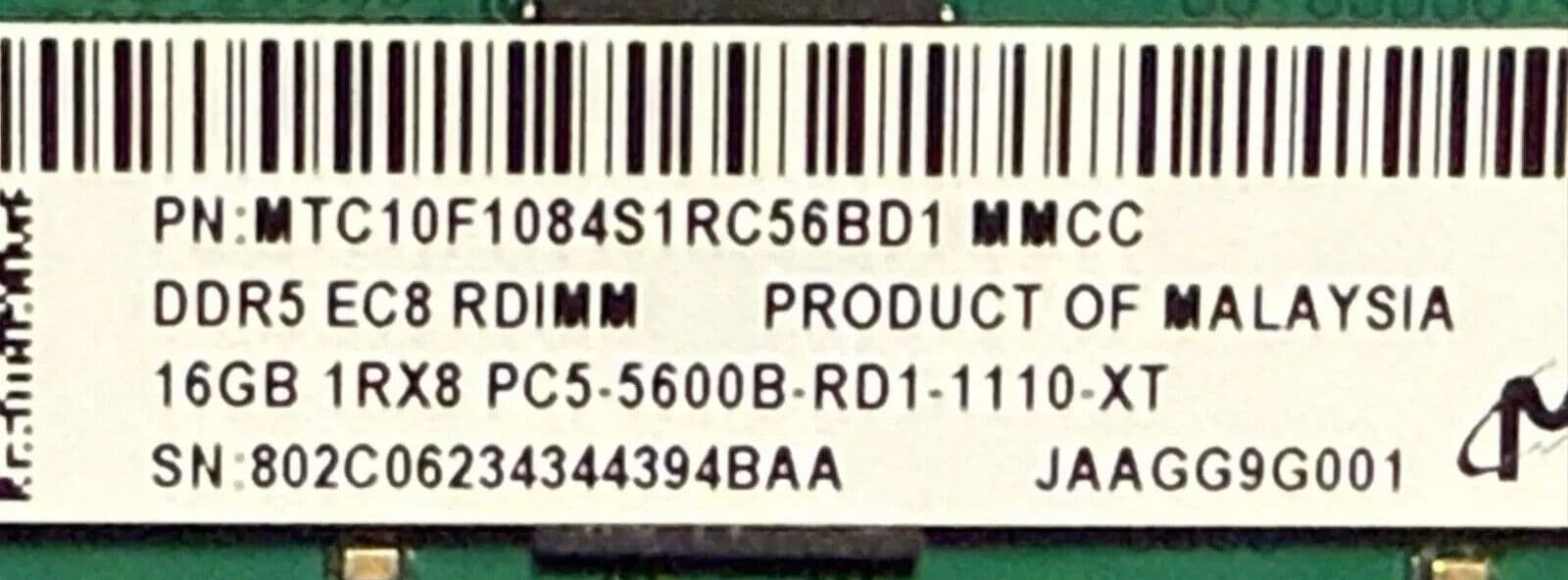 NEW Micron 16GB 1Rx8 DDR5 PC5-5600 ECC RDIMM Server Memory ...