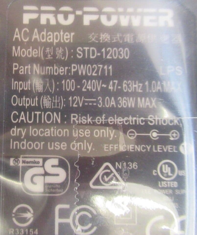 New Pro-Power STD-12030 PW02711 AC Power Adapter 36W 12V 3A