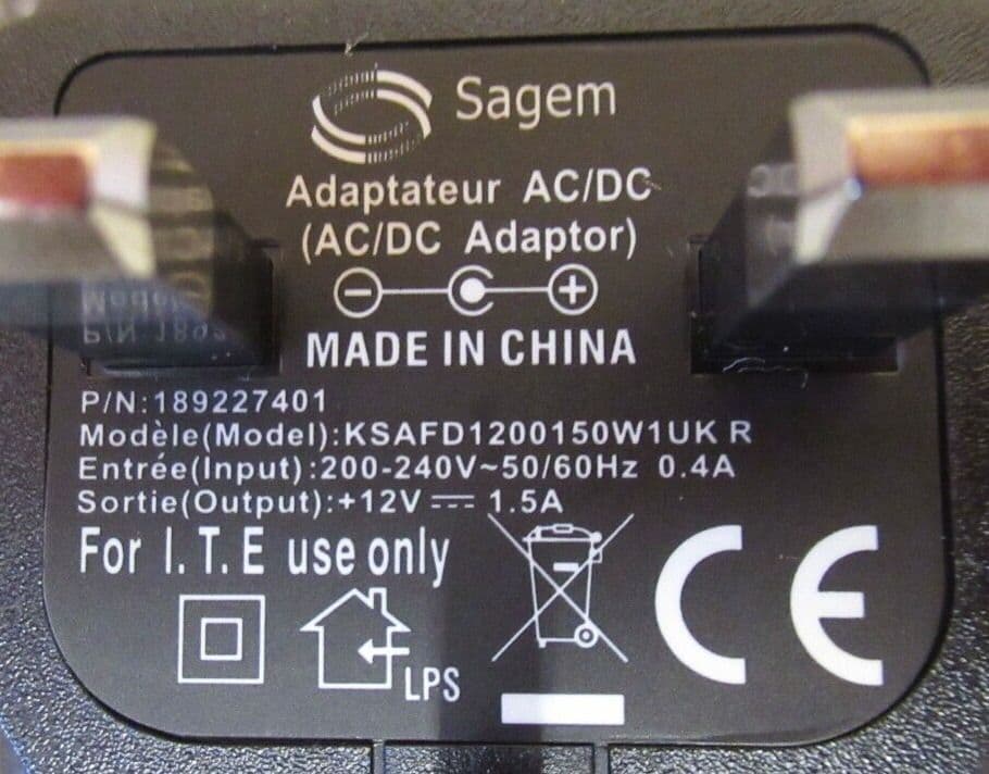 New Sagem 189227401 KSAFD1200150W1UK UK Plug AC/DC Power Adapter 18W ...