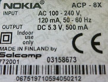 Nokia AC Power Adapter 5 3V 500mA UK 3-Pin - Type ACP-8X