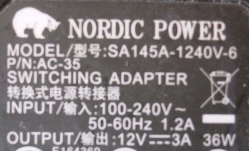 Nordic Power SA145A AC-35 Switching AC Power Adapter 36W 12V 3A