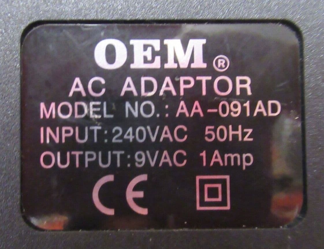 OEM AA-091AD UK 3-Pin Plug AC Power Adapter 9 Watts 9 Volts 1 Amp
