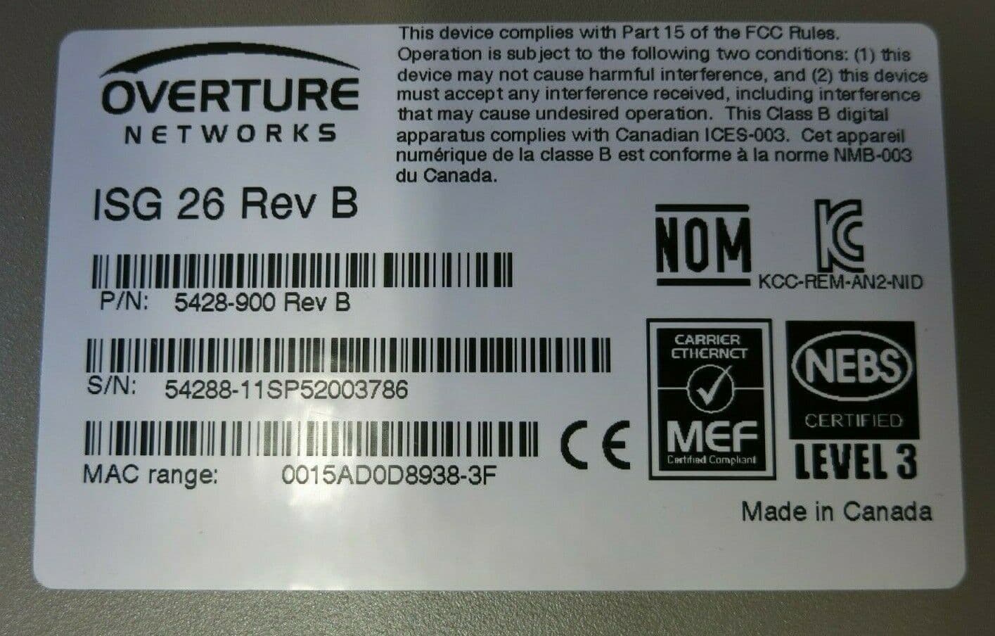 Overture Networks 5428-900 ISG 26 Rev B Programmable Network Interface ...
