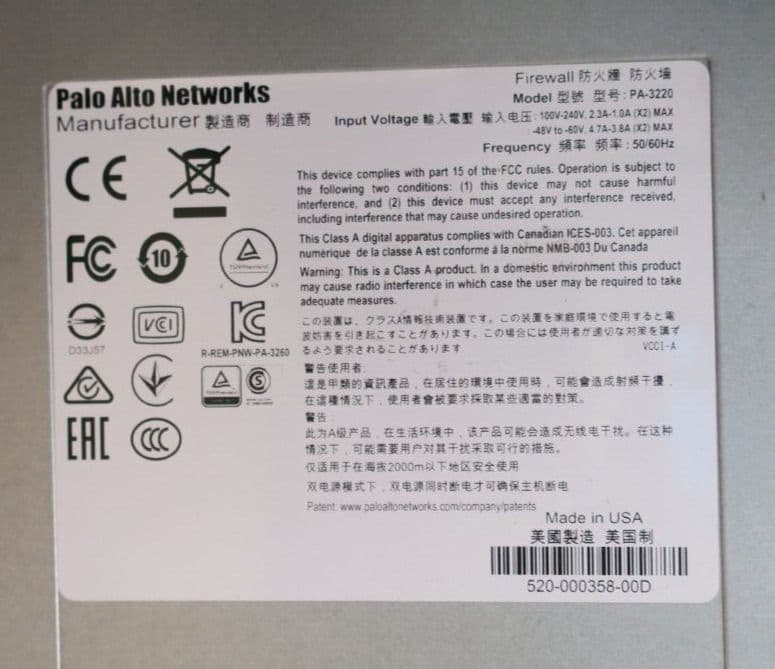 Palo Alto Networks PA-3220 Next-Generation Firewall Gateway NGFW 750-000162-00A
