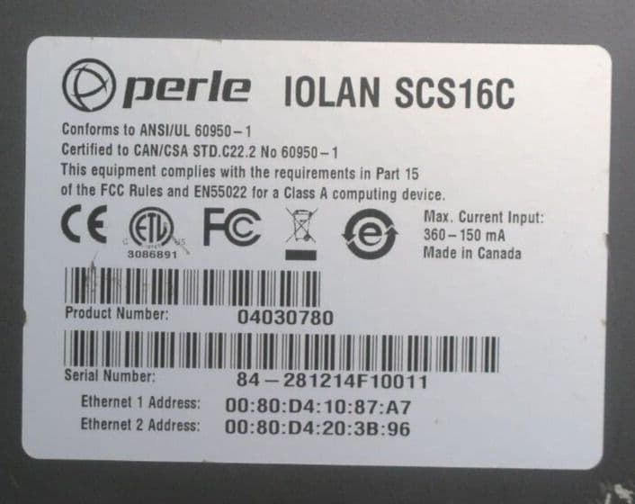Perle IOLAN SCS SCS16C Secure Console Server 16x RS-232 Single AC 04030780