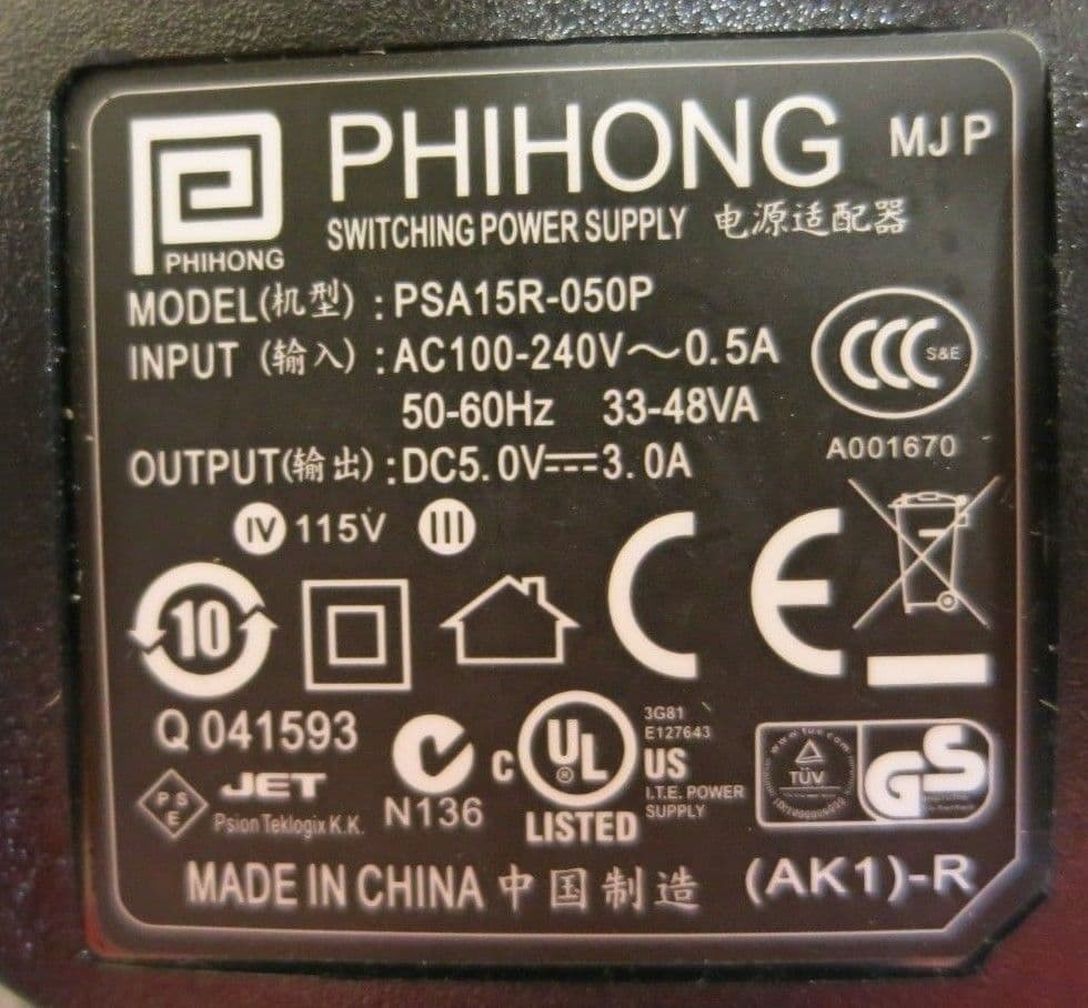 Phihong PSA15R-060P EU Plug AC Power Adapter Charger 15W 6V 2 5A