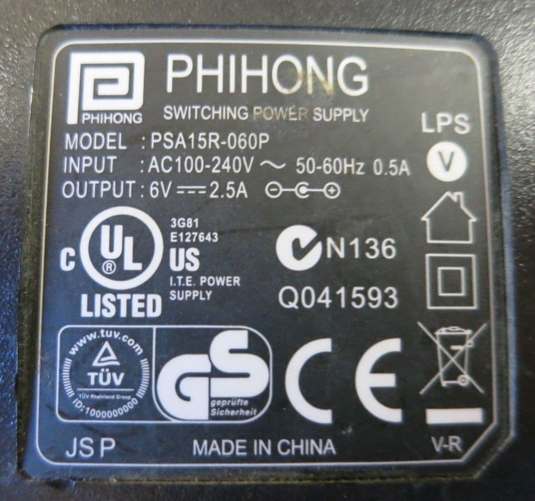 Phihong PSA15R-060P US Plug AC Power Adapter Charger 15W 6V 2 5A