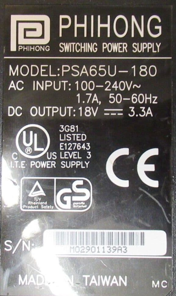 Phihong PSA65U-180 Switching AC Power Adapter 4-Pin DIN Female Plug 60W ...