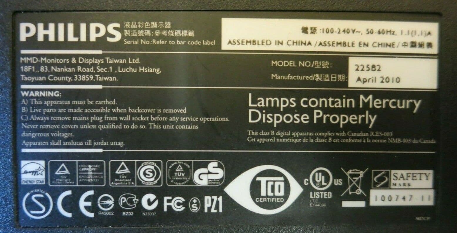 Phillips Brilliance 225B 225B2CB/00 22" LCD TFF LED Widescreen Monitor ...