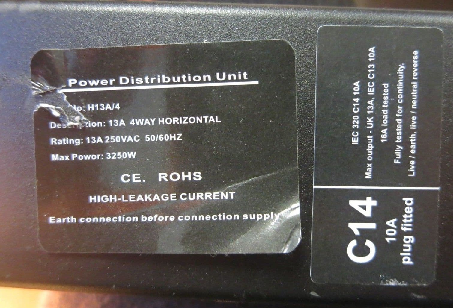 Power Distribution Unit H13A/4 4 Way IEC 320 C14 10A 19 13A 250VAC 50/60HZ
