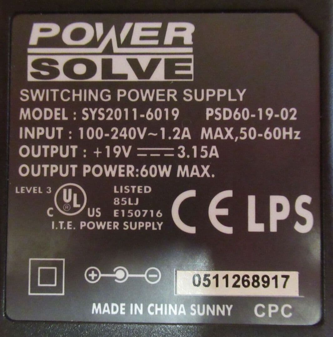 Power Solve SYS2011-6019 PSD60-19-02 Switching AC Power Adapter 60W 19V ...