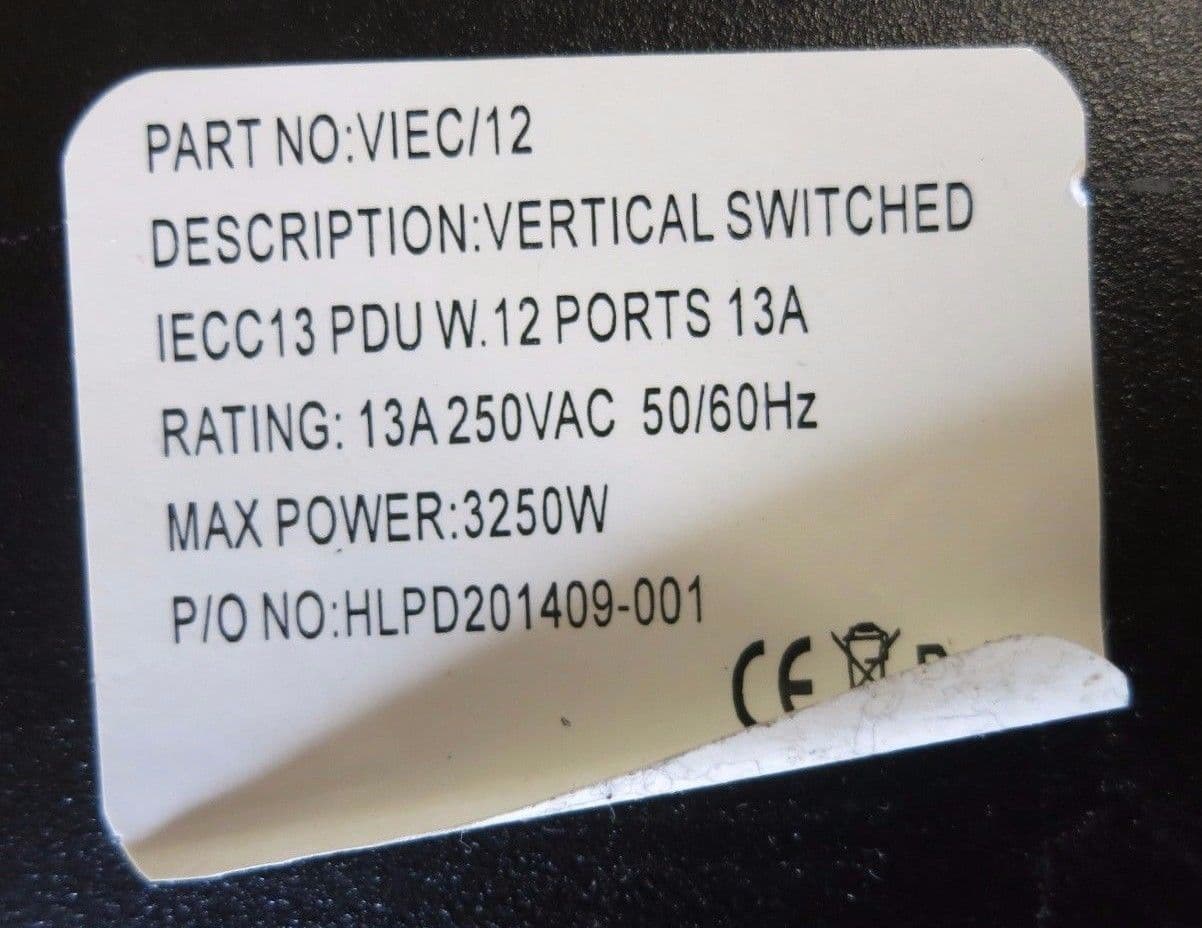 Powerdata VIEC/12 12 Way IEC C13 Vertical Rack-Mounted Switched PDU 13A UK Plug