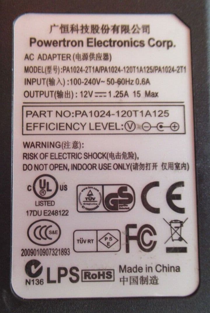 Powertron Electronics PA1024-120T1A125/PA1024-2T1 AC Power Adapter 15W ...