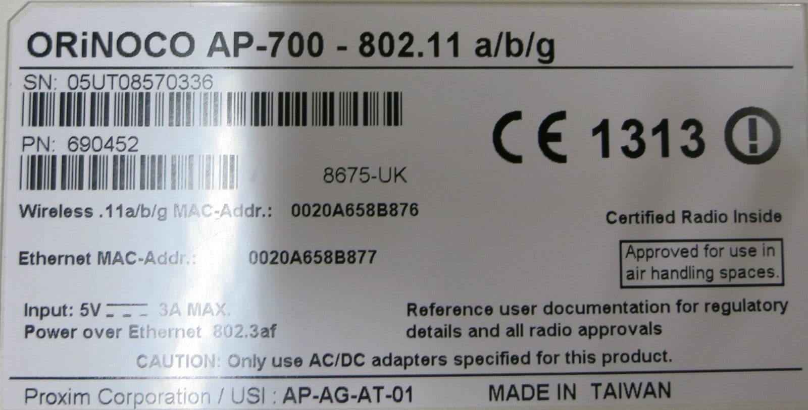 Proxim ORiNOCO AP-700 802 11a/b/g Wi-Fi Access Point P/N 690452