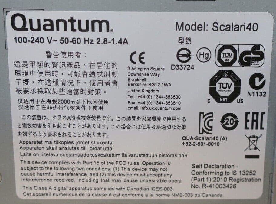 Quantum Scalar I40 40 Slot 40 License 3u Autoloader Tape Library 2x