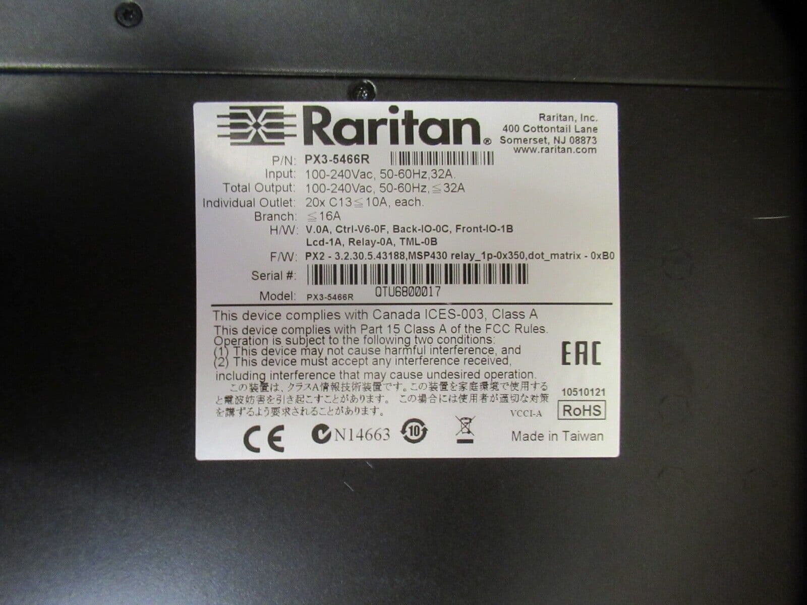 Raritan PX3-5466R 20x C13 Rack Metered Switched PDU Power Distribution ...