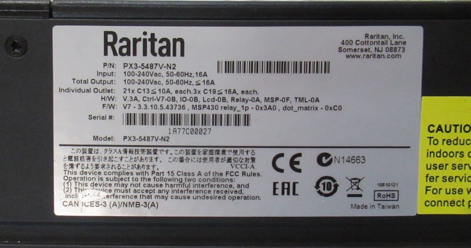 Raritan PX3-5487V-N2 21xC133xC19 Switched Rack PDU Power Distribution ...