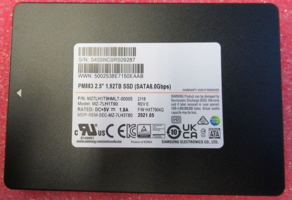 Samsung PM883 1 92TB SATA 6G/s 2 5" SFF SSD Enterprise MZ7LH1T9HMLT