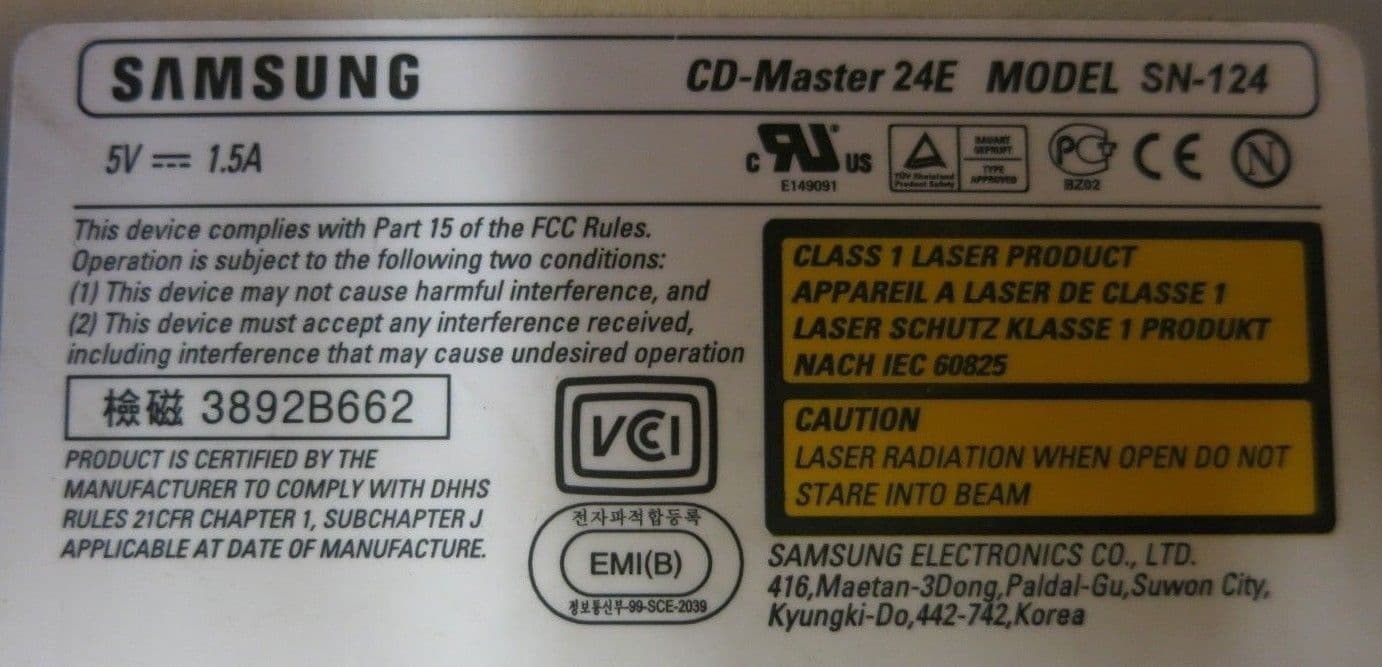 Samsung SN-124 Internal CD-Master 24X Slimline ATA CD-ROM Drive