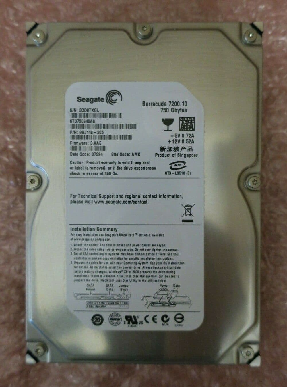 Seagate Barracuda 750GB 3 5" SATA 3GB/s 7 2K 16MB Hard Drive ...