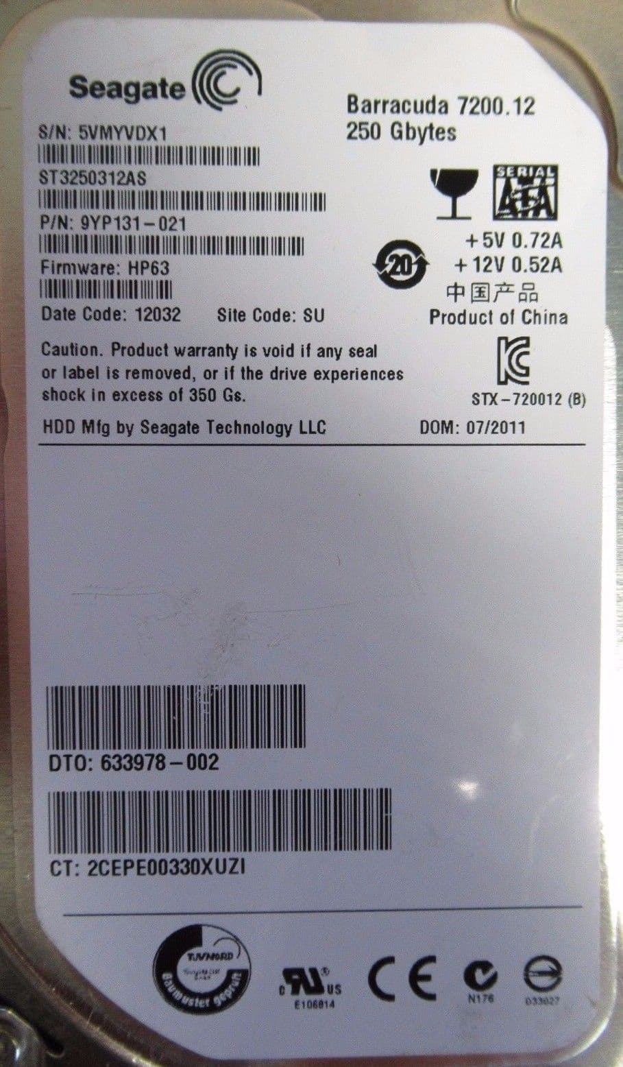 Seagate Barracuda ST3250312AS 9YP131-021 3 5" 250GB 7 2K SATA 16MB Cache HDD