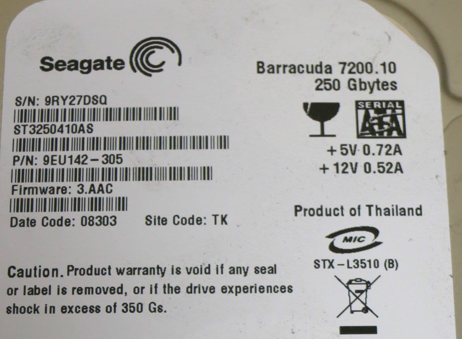 Seagate Barracuda ST3250410AS 3 5" 250GB 7 2K SATA 16MB Internal Hard Drive