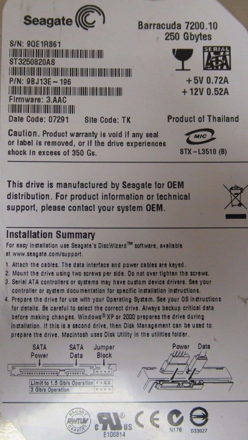 Seagate Barracuda ST3250820AS 250GB 7 2K 3 5" 8MB SATA 3 0Gb/s HDD ...