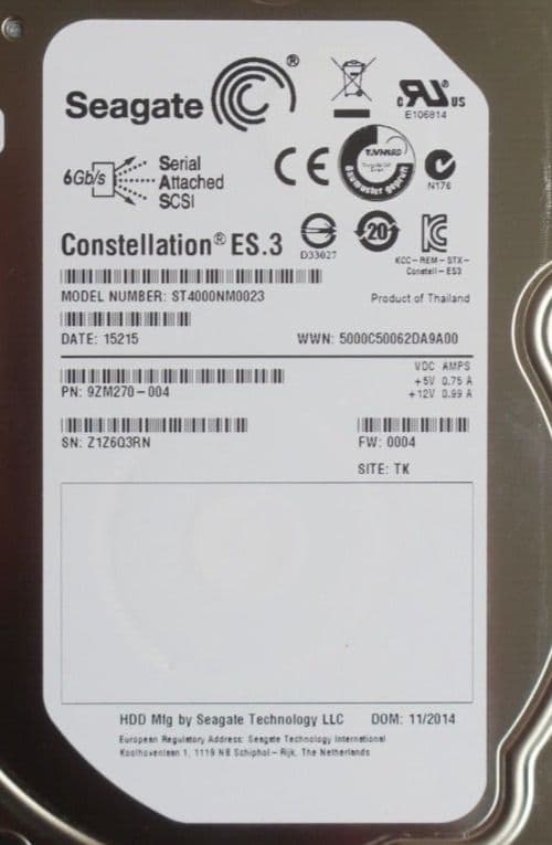 Seagate Constellation ES 3 4TB 7 2K 3 5" SAS 6Gb/s HDD ST4000NM0023 9ZM270-004
