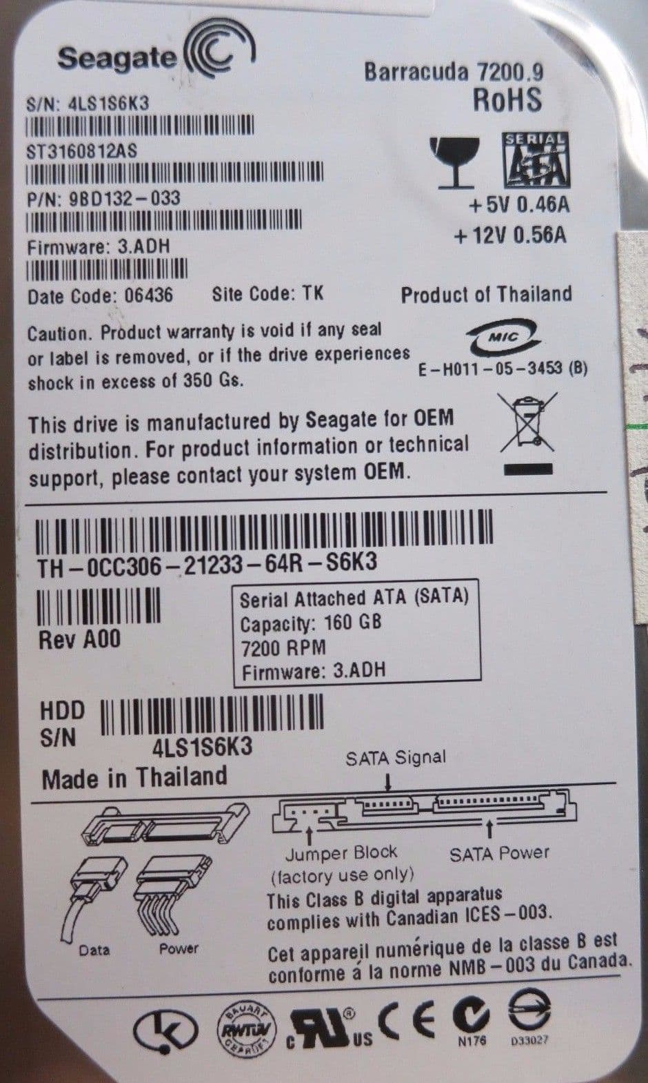 Seagate ST3160812AS BarraCuda 7200 9 160GB 7200 RPM 8MB Cache SATA 3 5" HDD