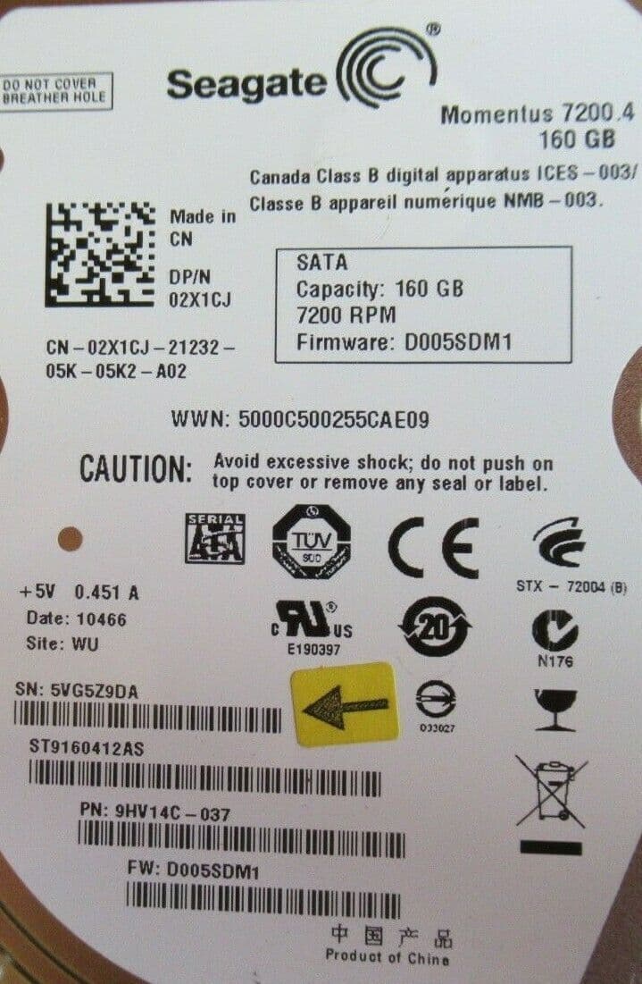 Seagate ST9160412AS 2X1CJ Momentus 7200 4 160GB 7200RPM 16MB 2 5 ...