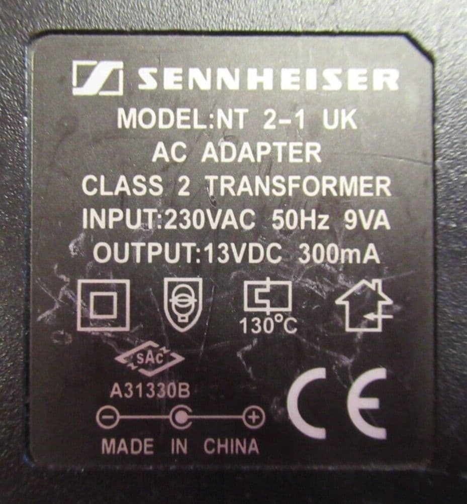 Sennheiser NT2-1UK UK Plug AC Power Adapter 3 9W 13V 300mA