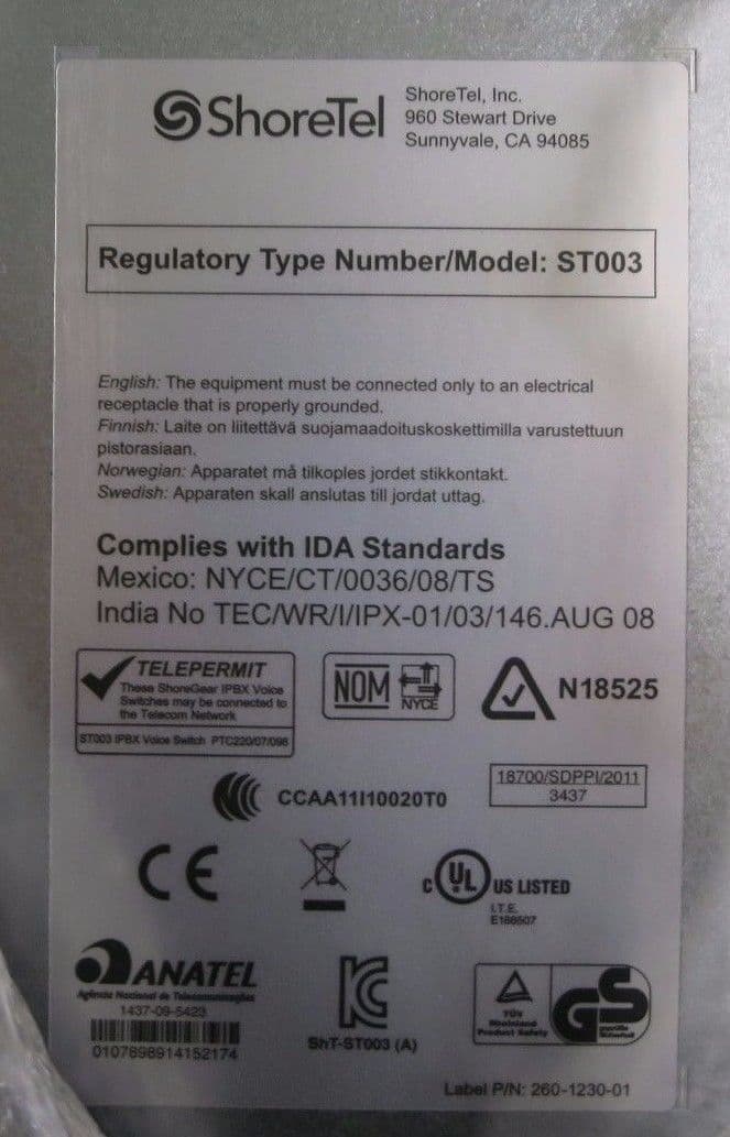 SHORETEL VOICE SWITCH EK1 1U Hallf Width Voice Switch SG-E1K 600-1068-20