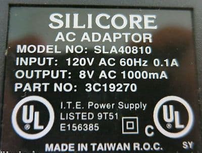 Silcore AC Power Charger Adapter 8V 1000mA 2 Pin Socket - Model SLA50810