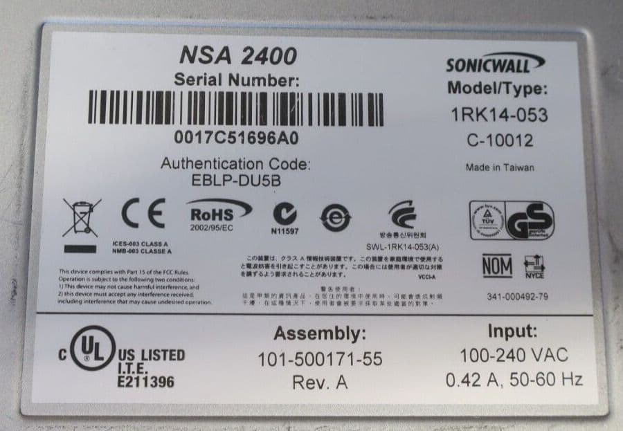 SonicWALL NSA 2400 1U Network Security Appliance 6x RJ45 Port Firewall ...
