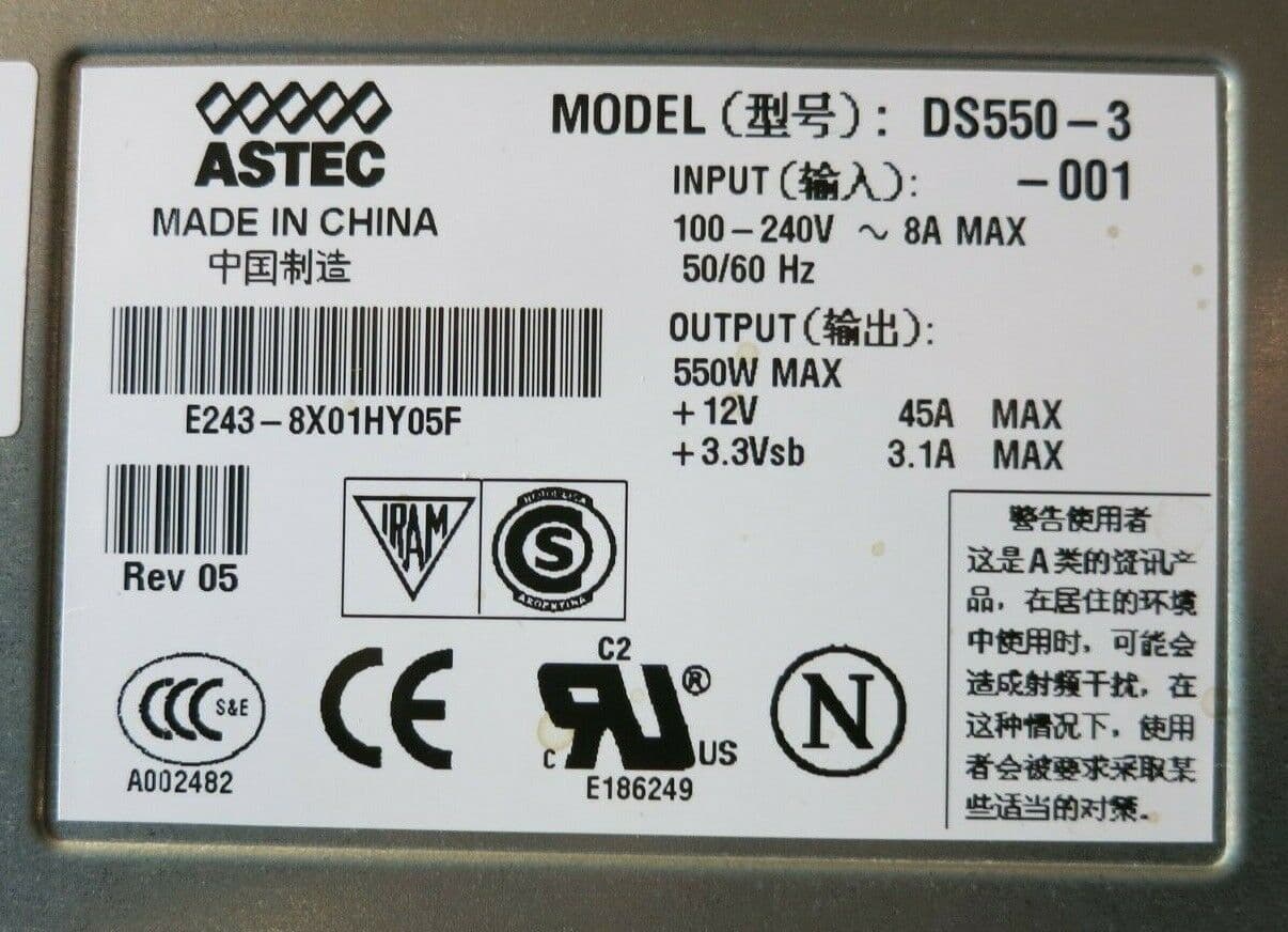 Sun Astec DS550-3 300-1757-02 550W 1U Server Power Supply For X4100 X4200