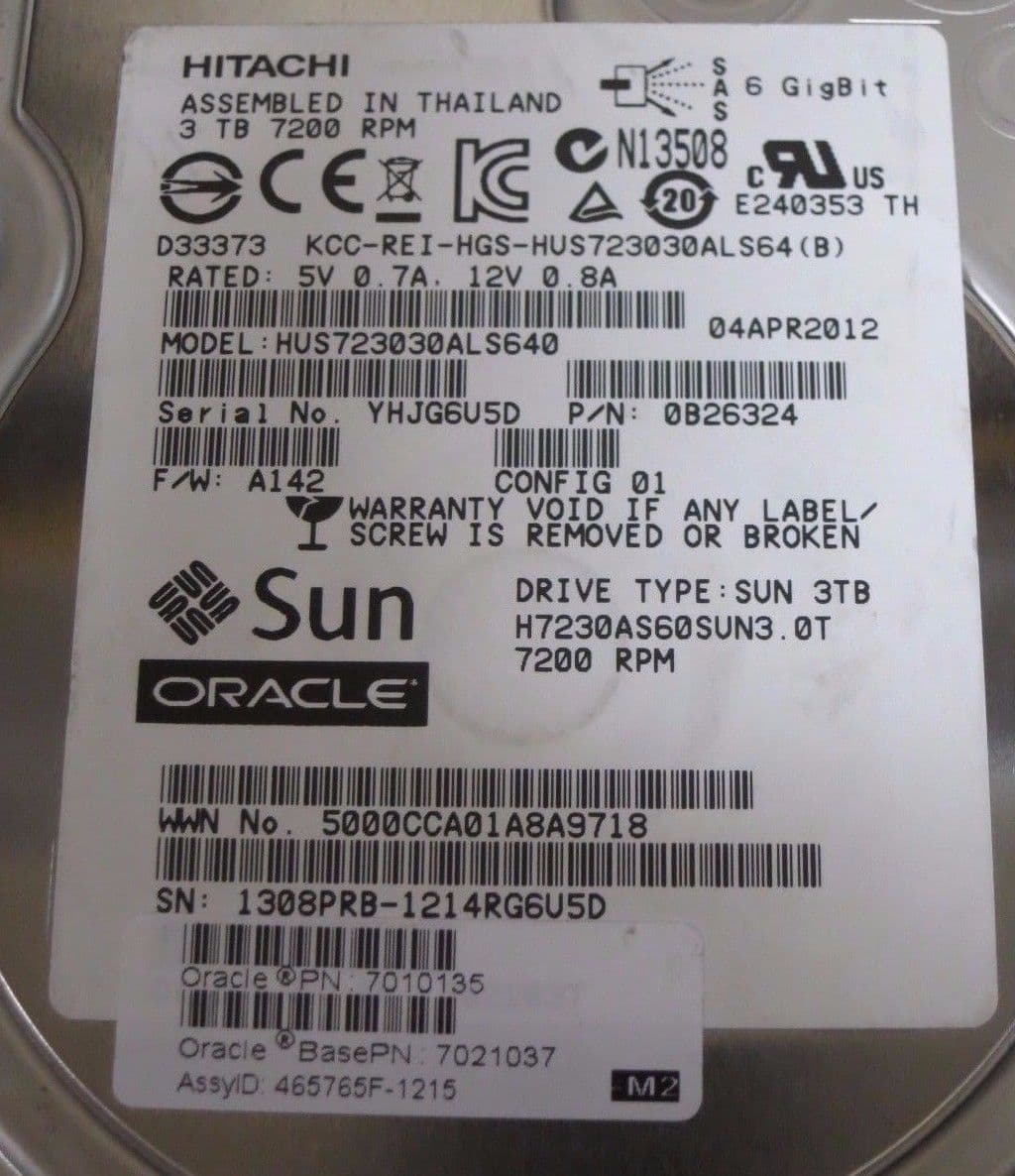 Sun Oracle 3TB 7 2K SAS 3 5" H7230AS60SUN3 0T 7010135 7021037 Hard Drive HDD